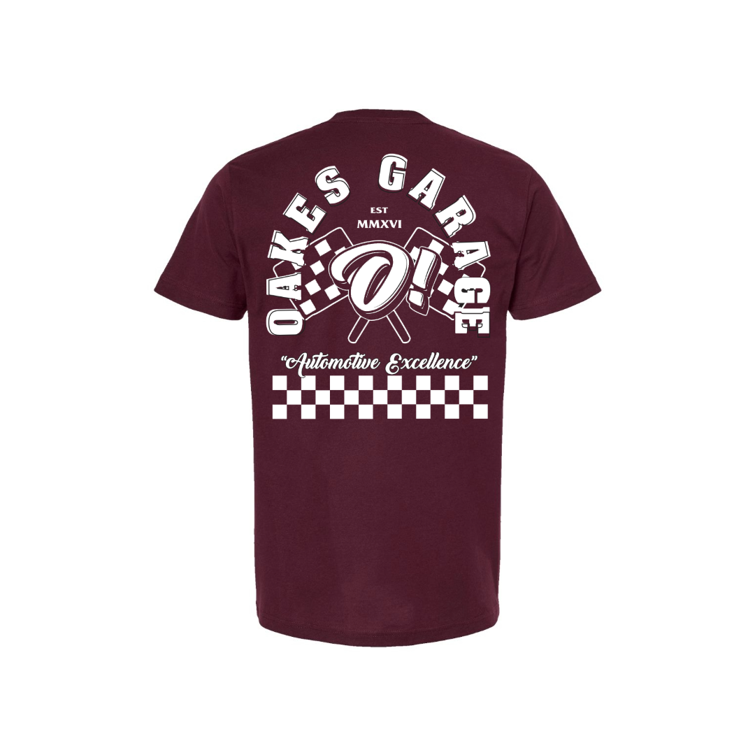 Oakes Garage Auto Excellence Tee - Burgundy – ShopJimmyO